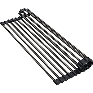 Lordear Black Roll Up Dish Drying Rack Foldable Over The Sink Dish Rack Anti-Slip Silicone Coated Steel Dish Drainer for Kitchen Counter Roll Up Sink Drying Rack, 19.53"x10.75"