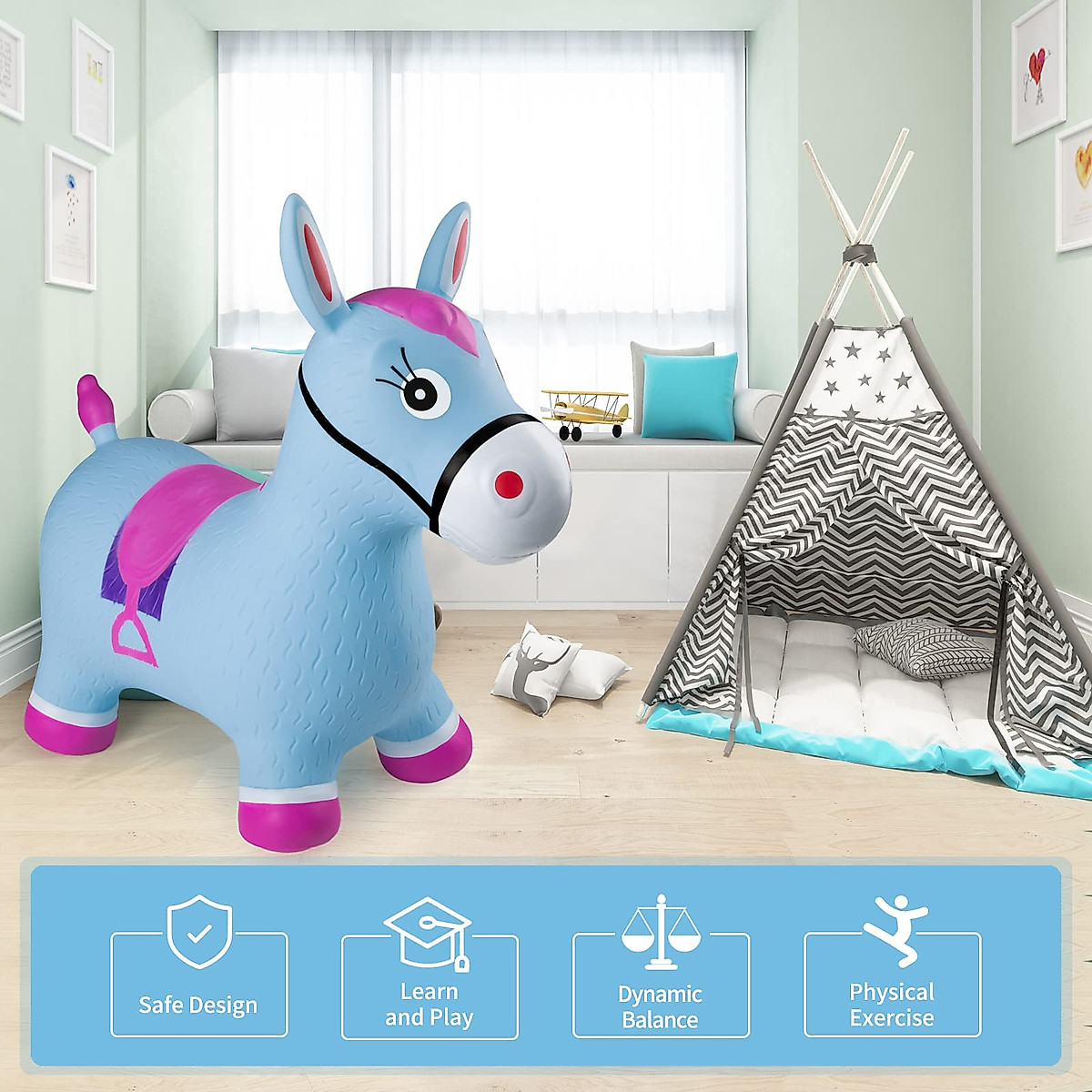 INPANY Bouncy Horse Hopper - Inflatable Jumping Horse, Ride on Rubber Bouncing Animal Toys for Kids/Toddlers/Children/Boys/Girls (Pump Included)