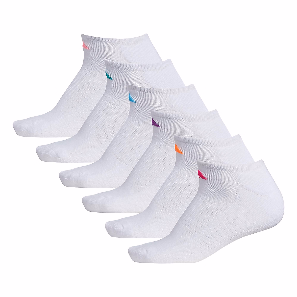 adidas Women's Athletic Cushioned No Show Socks (6-Pair) Low Profile Look with Arch Compression for a Secure fit, White/Shock Pink/Bright Cyan, Medium