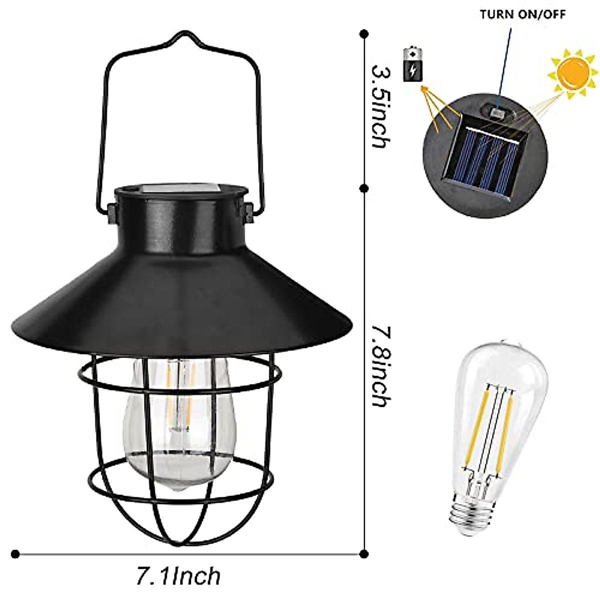 Solar Lantern Outdoor Hanging Lights Solar Powered Decorative Retro Waterproof LED Bulb Metal Lantern Lamp with Handle for Garden Yard Porch Fence Tabletop