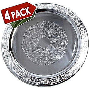 MARO MEGASTORE (Pack of 4 Traditional Round Floral Pattern Engraved Catering Chrome Plated Serving Tray Mirror Plate Silver Metal Platter Tableware Wedding Birthday (Extra Large) T139 (4-Pack (13"))