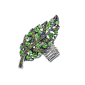 Alilang Womens Silvery Tone Emerald Peridot Green Crystal Rhinestone Leaf Stretchy Adjustable Ring