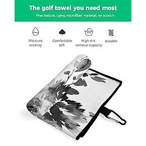 Golf Towel Black Grey Gradient Watercolor Floral White,Waffle Pattern Microfiber Club Cleaner Golf Towels with Carabiner Clip for Women Men Dad,Flower Ink and Wash Golf Towel for Golf Bags,24x16in