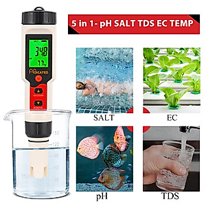 Digital Salinity and pH Tester for Saltwater Pool, HOICATED 5 in 1 pH Salt TDS EC Temp Meter for Swimming Pool Water, Accurate Salt Tester for Saltwater Aquariums, PPM and EC Meter for Hydroponics