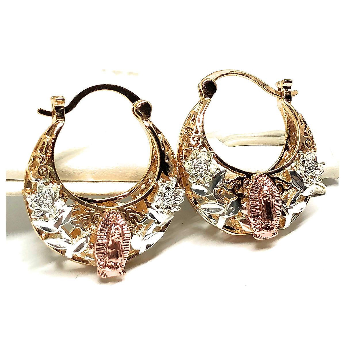 Fran & Co. Jewelry Gold Plated Tri Color Virgin Mary Flower Basket Earrings Virgen De Guadalupe Aretes Arracadas