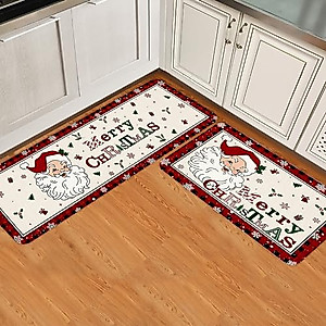 Prime Leader Merry Christmas Kitchen Mat Set 2 Pieces Cute Santa Claus Decor Red Black Buffalo Plaid Non Slip Kitchen Rugs Washable Runner Rug Mats for Kitchen Sink, 15.7" x 23.6"+15.7" x 47.2"