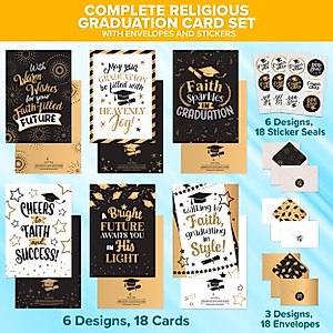 Decorably 18 Pack Gold-Foiled & Glittery Christian Graduation Cards Christian with Envelopes & Stickers - 6 Designs with Printed Message Inside 5x7in Religious Graduation Cards Religious