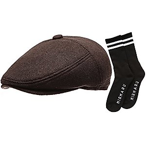 Men's Premium 100% Melton Wool 5 Panels Ivy Hat with Socks. (X-Large, Darkbrown)