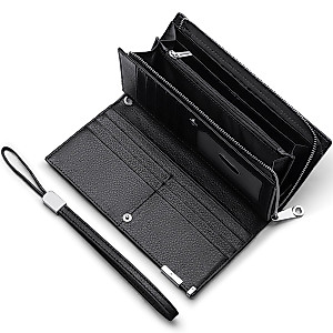 Huztencor Long Wallets for Men Leather RFID Blocking Wallet Bifold Slim Credit Card Holder Zip Around Wallet Purse with Zipper Strap Black