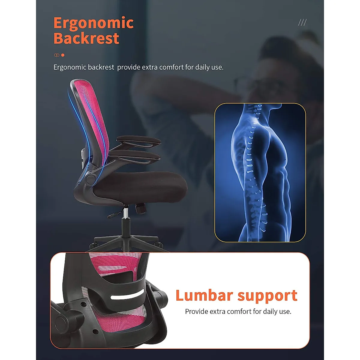 Home Office Chair Ergonomic Desk Chair Mesh Computer Chair with Lumbar Support Flip-up Arms Swivel Rolling Executive Task Chair Adjustable Chair for Adults(Pink)