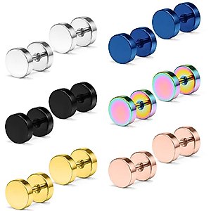Dyknasz Flat Back Earrings Surgical Steel Mens Womens Stud Earrings Ear Plugs Tunnel Punk Style Piercing Jewelry 6 Pairs 6mm Fake Faux Gauge Barbell Earrings Silver Rose Gold Black Rainbow