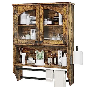 YITAHOME Bathroom Cabinet Wall Mounted Medicine Cabinet Organizer, Bathroom Storage with 2 Towel Hooks, Paper Towel Holder and Adjustable Shelf for Living Room Laundry Bedroom, Brown