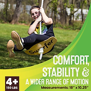 Swurfer Swift - Maple Wood Disc Swing for Kids Ages 4 and Up, Holds up to 150 Pounds - Includes 18" Curved Seat Swing with Heavy Duty Braided Rope, Brown