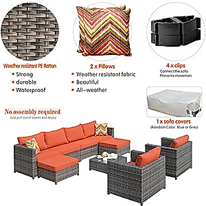 XIZZI Patio Furniture Set Outdoor Sectional Sofa No Assembly 9 PCS Big Size All Weather PE Rattan Wicker Outdoor Conversation with 2 Pillows,Grey Wicker Orange Red
