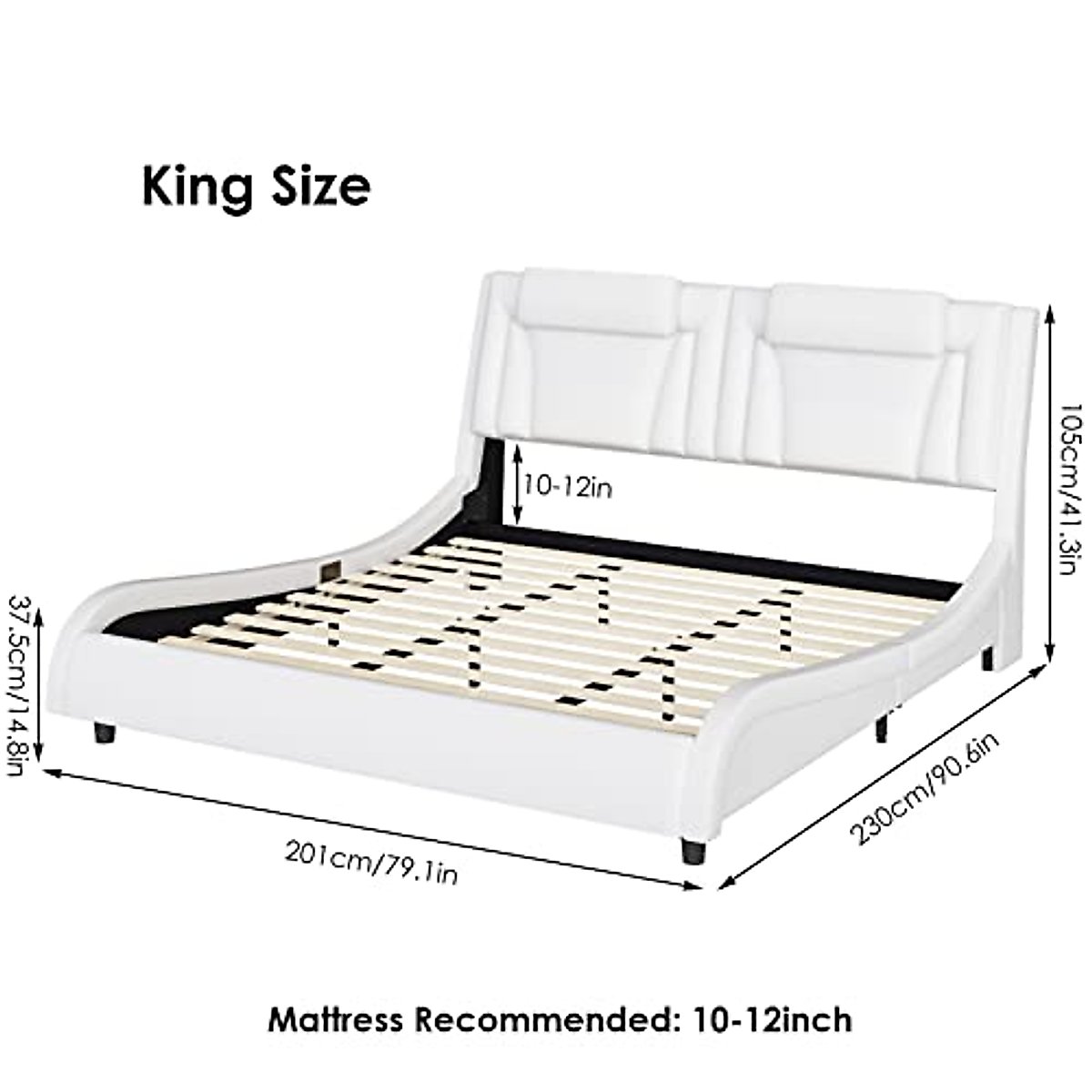 Keyluv Modern Upholstered Bed Frame with Adjustable LED Headboard, Pu Leather Platform Bed with Wave-Like Curve Design and Solid Wooden Slats Support, No Box Spring Needed, Noise Free, King, White