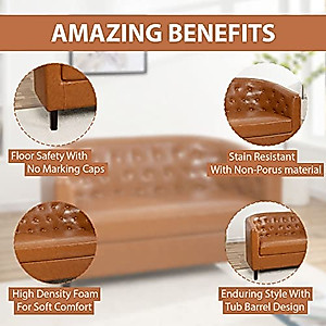 Emma Love Seat, Button Tufted Faux Leather Barrel Loveseat, Midcentury Modern 2 Seater Sofa Couch, Small Loveseat for Small Spaces, Bedrooms, Couches for Living Room, Easy Tool-Free Assembly - Caramel