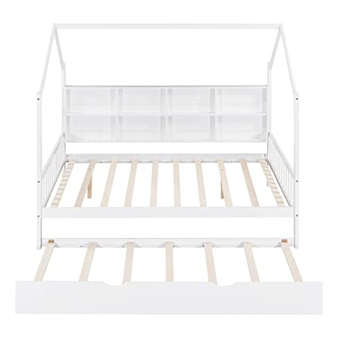 BIADNBZ Wooden Full Size House Platform Bed Frame with Trundle,Kids DayBed with Shelf for Kids/Teens,White