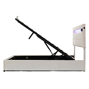 MiHunnor Queen Size Upholstered Platform Bed w/LED Light & Integrated Bluetooth Audio System. Velvet Upholstered Platform Bed w/Hydraulic Storage System & USB Port for Bedroom