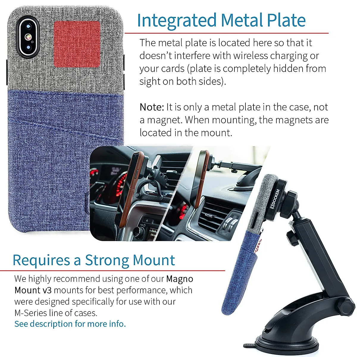 Dockem Wallet Case for iPhone X/XS (5.8"): Built-in Metal Plate for Magnetic Mounting & 2 Credit Card Holder Slots (Luxe M2 Synthetic Leather, Blue & Grey)