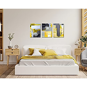 ARTINME Trendy Framed Modern Yellow and Grey Abstract Giclee Canvas Prints Wall Art Picture Living Room Bedroom Home Decorations (12 x 16 inch, Set Of 3)