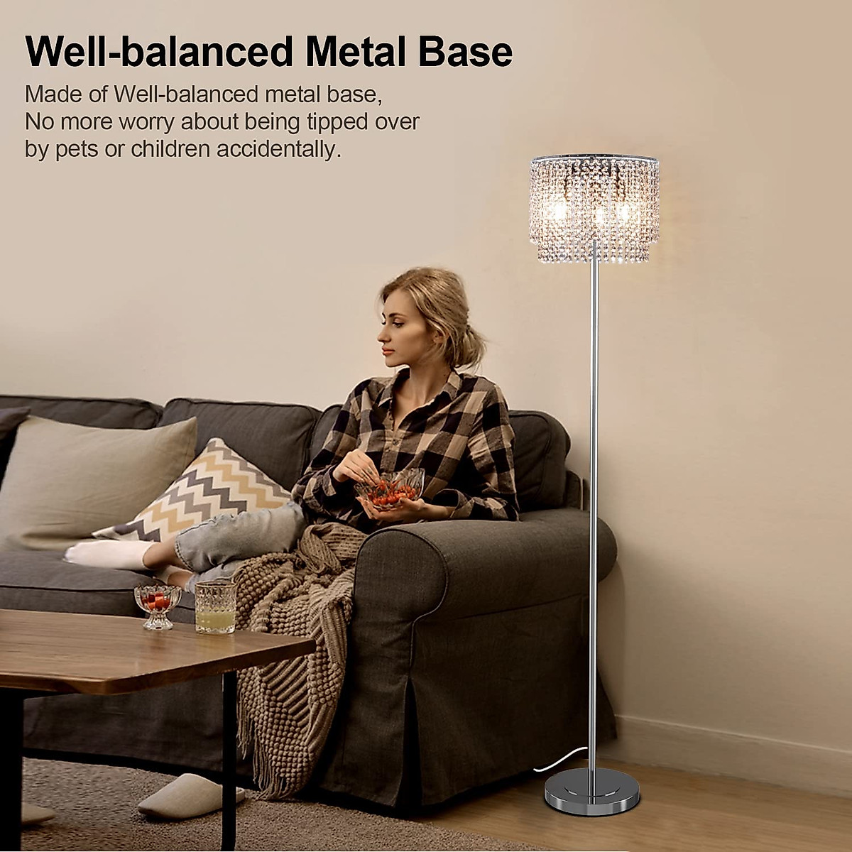 Crystal Floor Lamp, Modern Standing Lights 64.9" Tall Pole Lamp Elegant Chrome Finish with Crystal Shade Floor Lamp Bright Floor Lamp for Living Room Bedroom Office Study Room Girls Room Silver