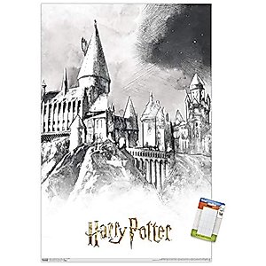 Trends International The Wizarding World: Harry Potter - Illustrated Hogwarts Wall Poster, 22.375" x 34", Poster & Mount Bundle