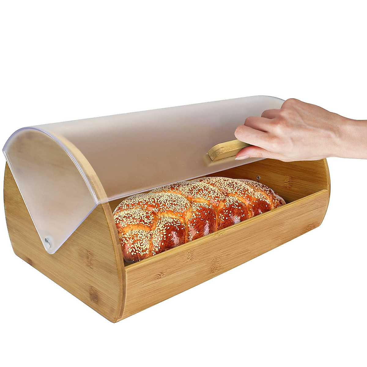 Bread Box, Bamboo, Large Storage, Acrylic Easy Glide Cover with Handle