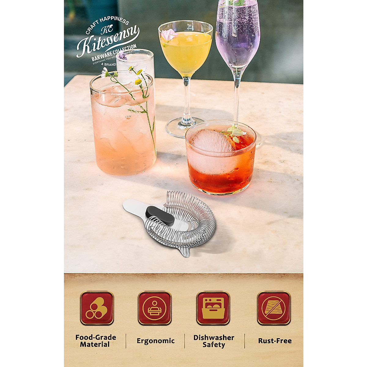 KITESSENSU Cocktail Strainer, 2 Prong Stainless Steel Hawthorne Drink Strainer Cocktai with Non-Slip Finger Rest, Bar Tools for Professional Bartenders, High Density Spring