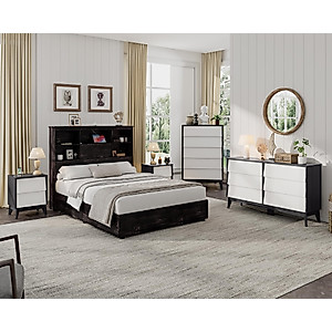 AMERLIFE Nightstands Set of 2, Mid-Century End Side Table with Beveled Drawers & Charging Station, Modern Storage Cabinet for Bedroom, Office, White & Black Walnut