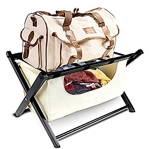 Babion Folding Luggage Racks with Shelf, Wooden Suitcase Stand, 2 Tier Foldable Luggage Racks with Heavy Duty Nylon Belts, Suitcase Bag Holder for Bedroom Guest Room, 4 Pack