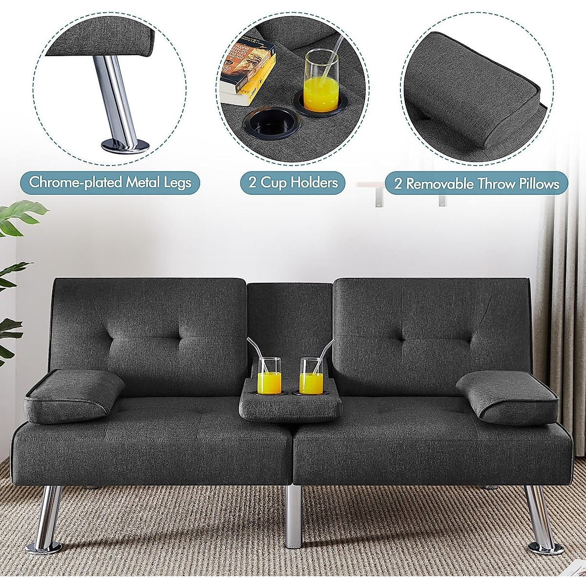 66'' Convertible Futon Sofa Bed Modern Folding Small Couch Bed Linen Fabric, Recliner Lounge Sofa for Living Room with 2 Cup Holders, Removable Armrests, Sleeper Loveseat, Futon Set (Black+ Gray)