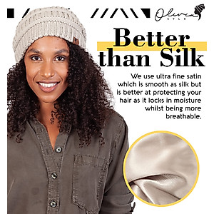 Olivia Sylx Chunky Satin Lined Beanie for Women - Winter Hat - Warm Slouchy Knit Beanie - Beige