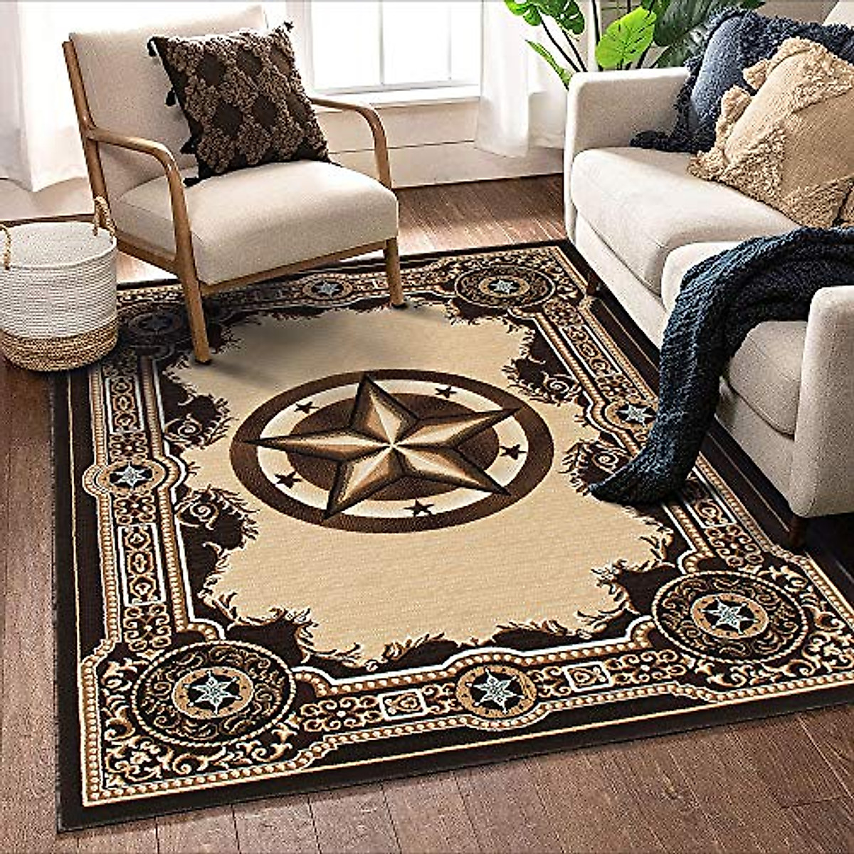 Allstar 5x7 Traditional Accent Rug in Berber with Chocolate Western Texas Star Design (5' x 7')