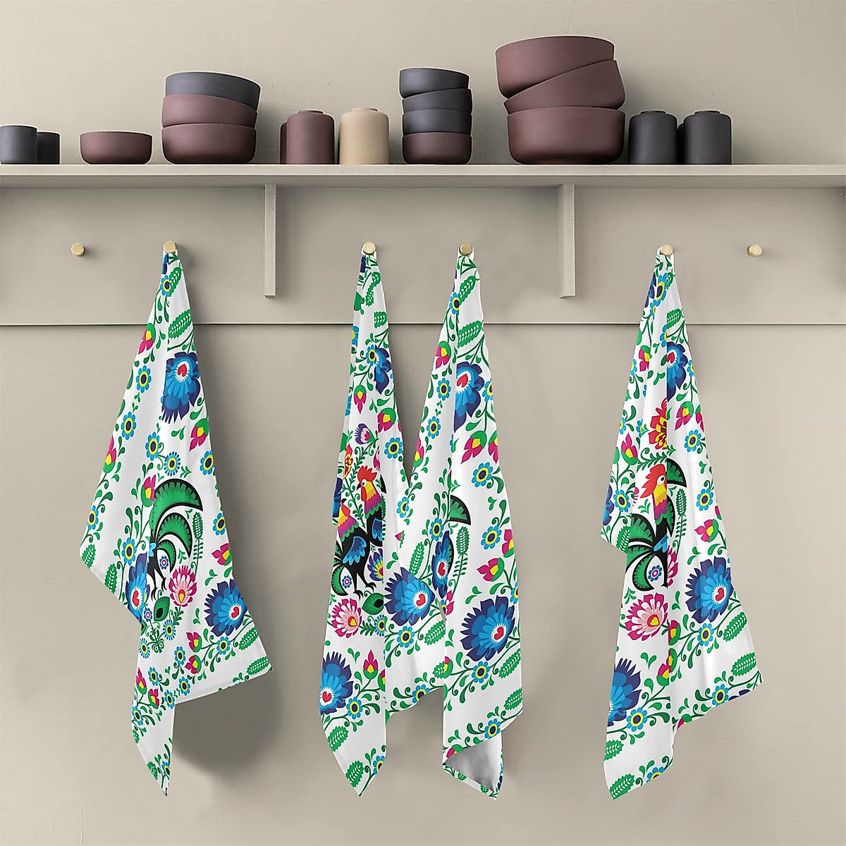 Polish Floral Rooster Folk Art Colorful On White Set of 1 Polyester Kitchen Dish Towel, Dishtowels Waffle Dishcloths, Hemmed Napkin Towel, Hand Bar Tea Towels with Hanging Loop