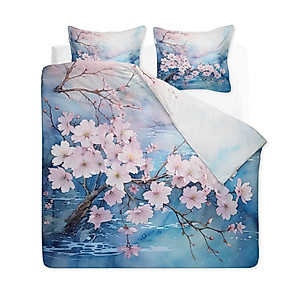 OmErsa Cherry Blossom Duvet Cover Queen Size Set, Japanese Asian Bedding Bedroom Decor, Comforter Cover & 2 Pillowcases 3 Pieces, Home Collection Quilt Cover
