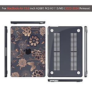 Teryeefi for MacBook Air M2 M3 13.6 Case 2022 2023 2024 Release A2681 A3113, Clear Hard Shell with Keyboard Cover & USB 3.0 Adapter & Screen Protector, Gold Floral Butterfly
