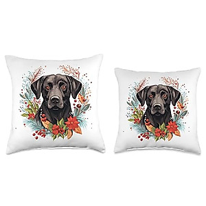 Cute Black Labs lovers xmas Watercolor shoppa Black Labs Labrador Retriever Dog Christmas Winter Flowers Throw Pillow, 16x16, Multicolor