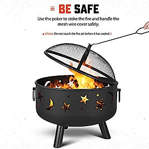 Cool Spot 24 Inch Wood Burning Outdoor Fire Pit, Round Big Sky Stars and Moons Firepit Bowl with Spark Screen, Cover and Poker