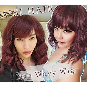 AISI HAIR Curly Bob Wig with Bangs Short Wavy Wine Red Color Wigs for Women Bob Style Synthetic Heat Resistant Bob Wigs