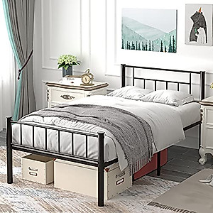 Twin Bed Frames, 14 Inch Twin Size Bed Frame for Kids with Headboard, Heavy Duty Steel Slat Twin Metal Bed Frames, No Box Spring Needed, Mattress Foundation, Anti-Slip, Easy Assembly, Black