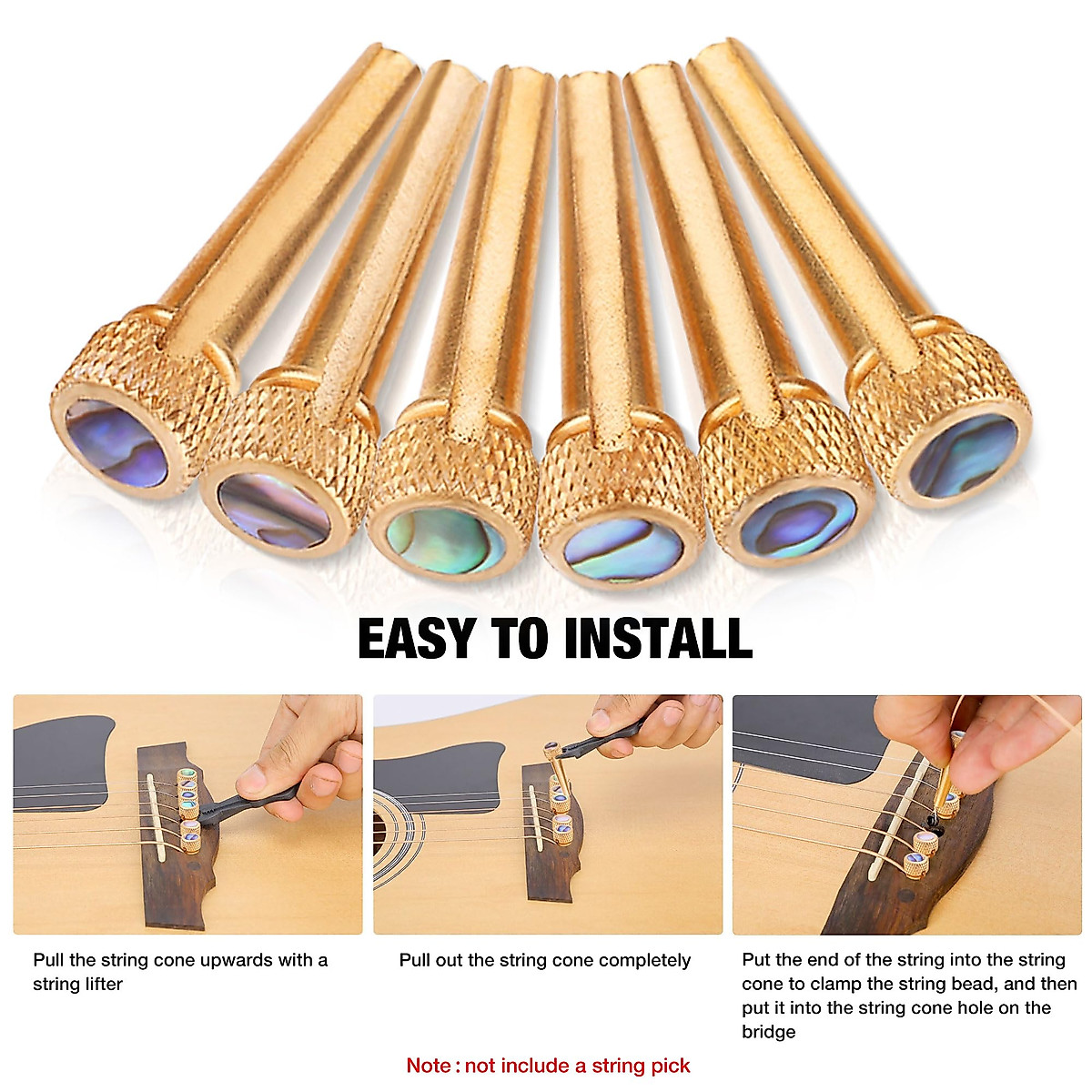 Tbest 6Pcs Guitar Bridge Pins,Brass Bridge Pins for Acoustic Guitar Bridge Pins- Endpin Inlaid Abalone Dot Acoustic Guitar Replacement Parts(Rose Gold)