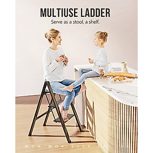 WOA WOA 3 Step Ladder, Foldable Step Stool, Aluminum Lightweight Ladder for Home Kitchen Closet, Anti-Slip Pedals, Ease of Folding, Portable, 300lbs Capacity - Black