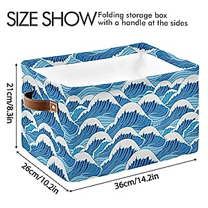 xigua Blue Sea Wave Foldable Storage Bin, Collapsible Sturdy Fabric Storage Basket Cube W/Handles, Storage Box for Organizing Toys Nursery Shelf Closet Bedroom Office 1PCS