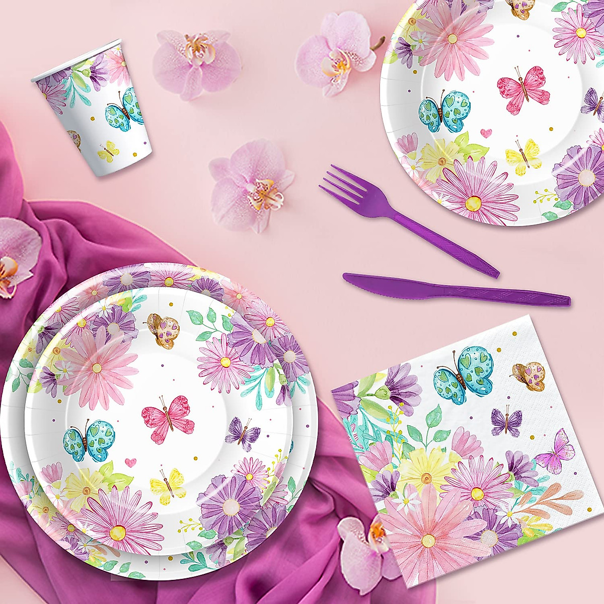 Xigejob Butterfly Party Decorations Tableware - Butterfly Birthday Party Supplies Include Plate, Cup, Napkin, Tablecloth, Cutlery, Straws, Butterfly Baby Shower Birthday Party Decorations | Serve 24