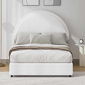 REVOMINCA Twin Size Bed Frame, Upholstered Boucle Bed Frame with Headboard, Modern Twin Beds, Soft Arch Shaped Round Headboard, No Box Spring Required, Easy Assembly, White