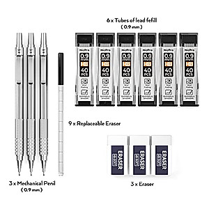 Nicpro Metal 0.9 mm Mechanical Pencils Set with Case, with 3PCS 0.9mm Drafting Pencil, 6 Tubes HB Lead Refills, 3PCS Erasers, Erasers Refills for Adults, Children, Artist Writing, Drawing, Sketching