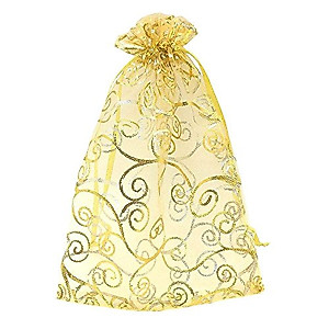 Onwon 50 PCS/set Party Wedding Favor Gifts Bags, Luxury Jewelry Candy Gift Bags, Champagne Drawstring Pouches, Velvet Drawstring Pouches, Gold Line Drawstring Sheer Organza