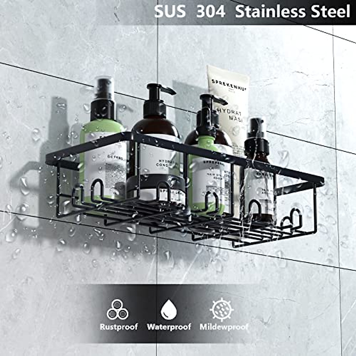 4-Pack Adhesive Shower Caddy, Bathroom Organizer with Soap Holder, Rustproof Stainless Steel Shower Organizer, Wall Mounted No Drilling Shower Rack with Hooks for Bathroom, Kitchen, Washroom- Black
