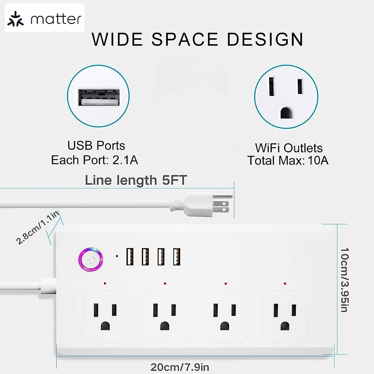 Smart Power Strip, Smart Plug with 4 AC Outlets and 4 USB Ports, WiFi Surge Protector Works with Alexa and Google Home, App/Remote/Voice Control, Schedule/Timer, White, 10A