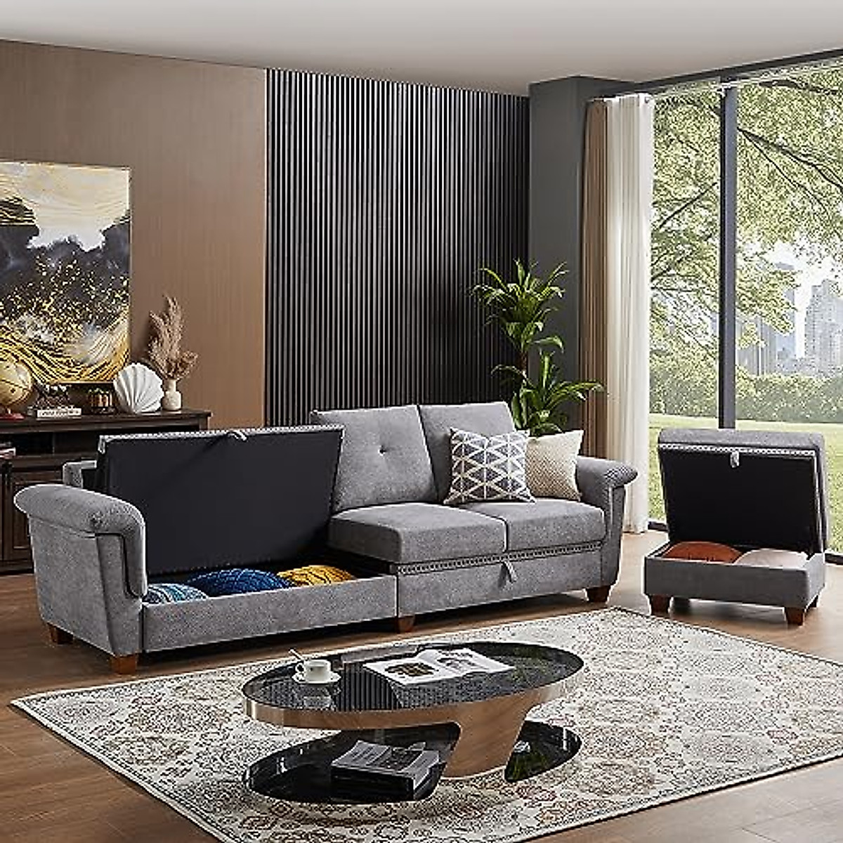Pingliang Home Convertible Sectional Sofa with Storage, 4 Seat L Shaped Couch with Chaise and Cup Holder, Modern Microfiber Fabric Sofas Couches for Living Room, Apartment, Office (Light Grey)
